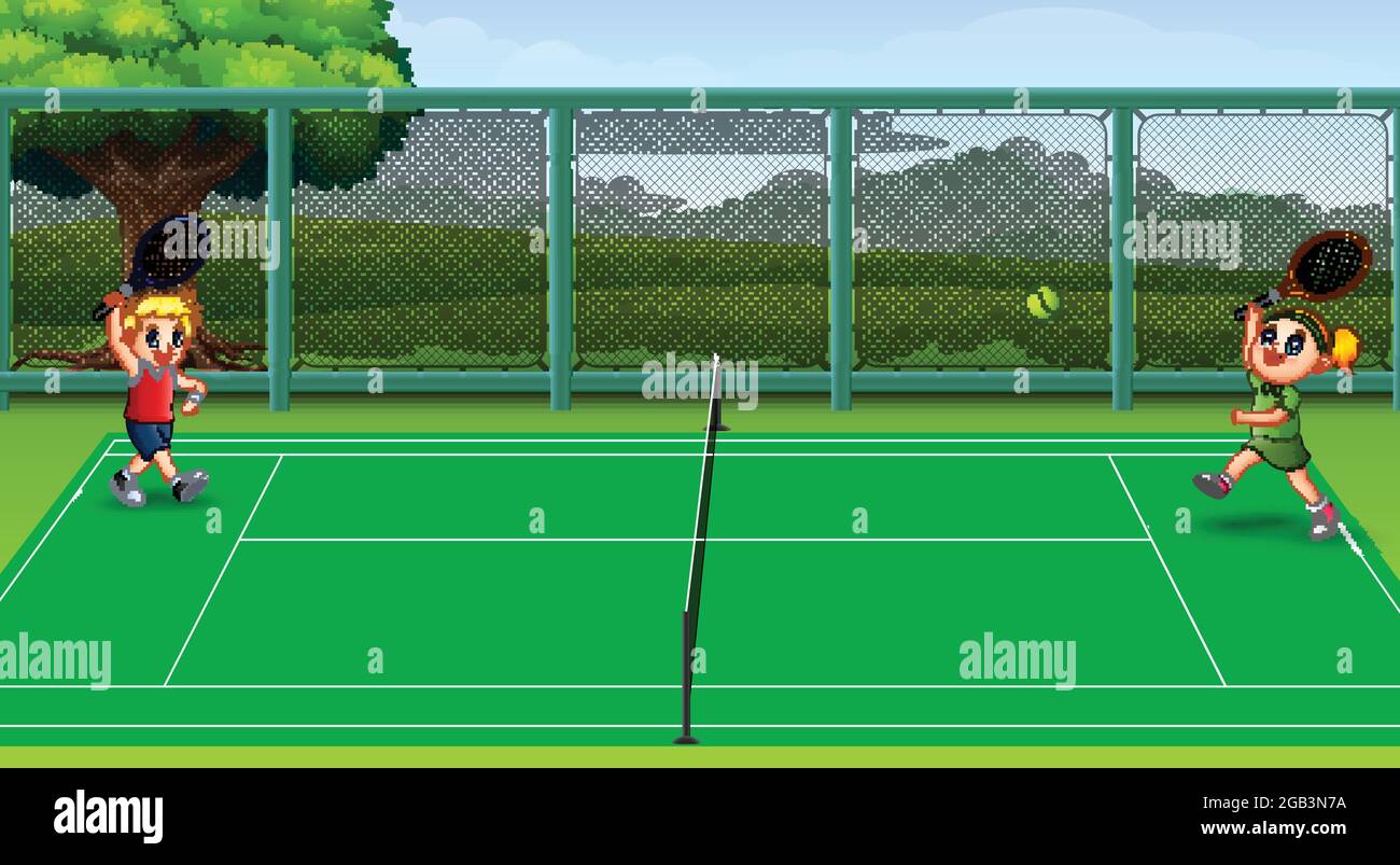 Happy kids playing tennis at the courts Stock Vector Image & Art - Alamy