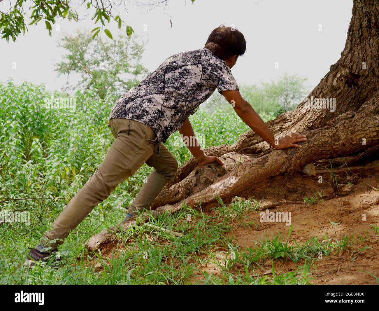 City boy pushing ups around wooden tree roots soil grass field Stock ...