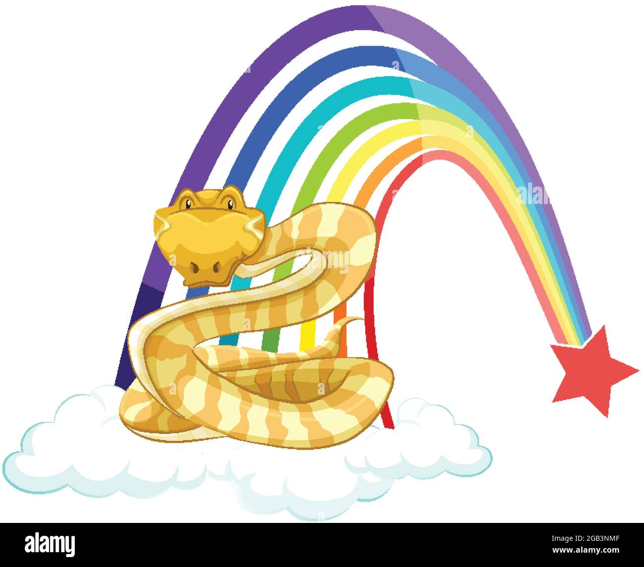A snake cartoon character on the cloud with rainbow on white background ...