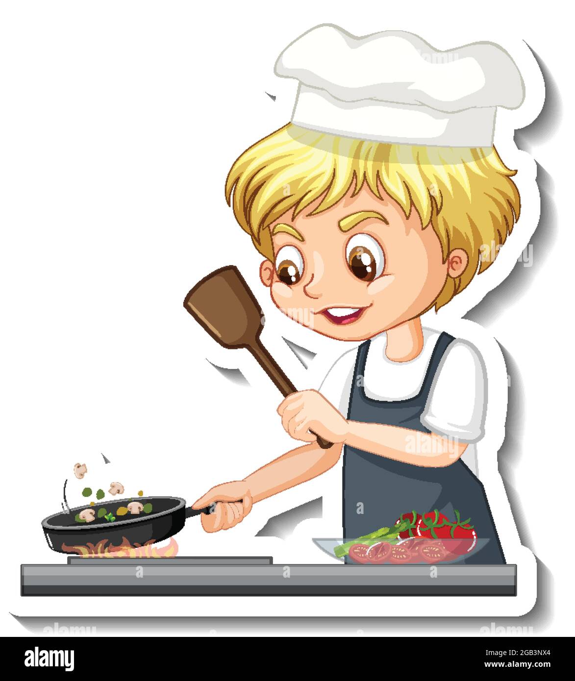 Sticker design with chef boy cooking food cartoon character ...