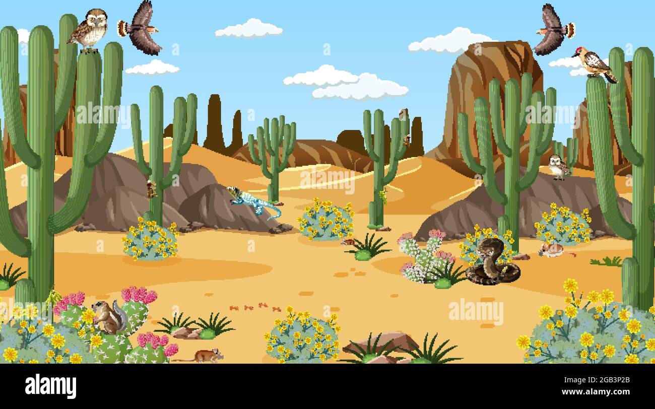 Desert forest landscape at daytime scene with desert animals and plants ...