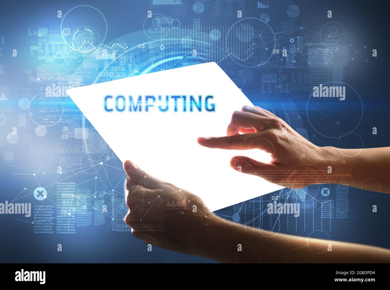 Hand holdig futuristic tablet , technology concept Stock Photo - Alamy