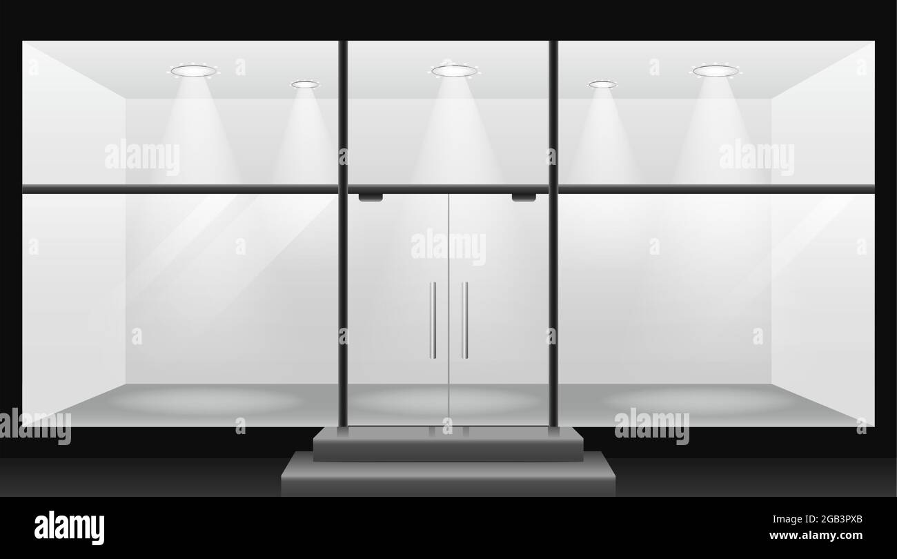 Empty lighted room template. Blank store showcase with glass panels and ...