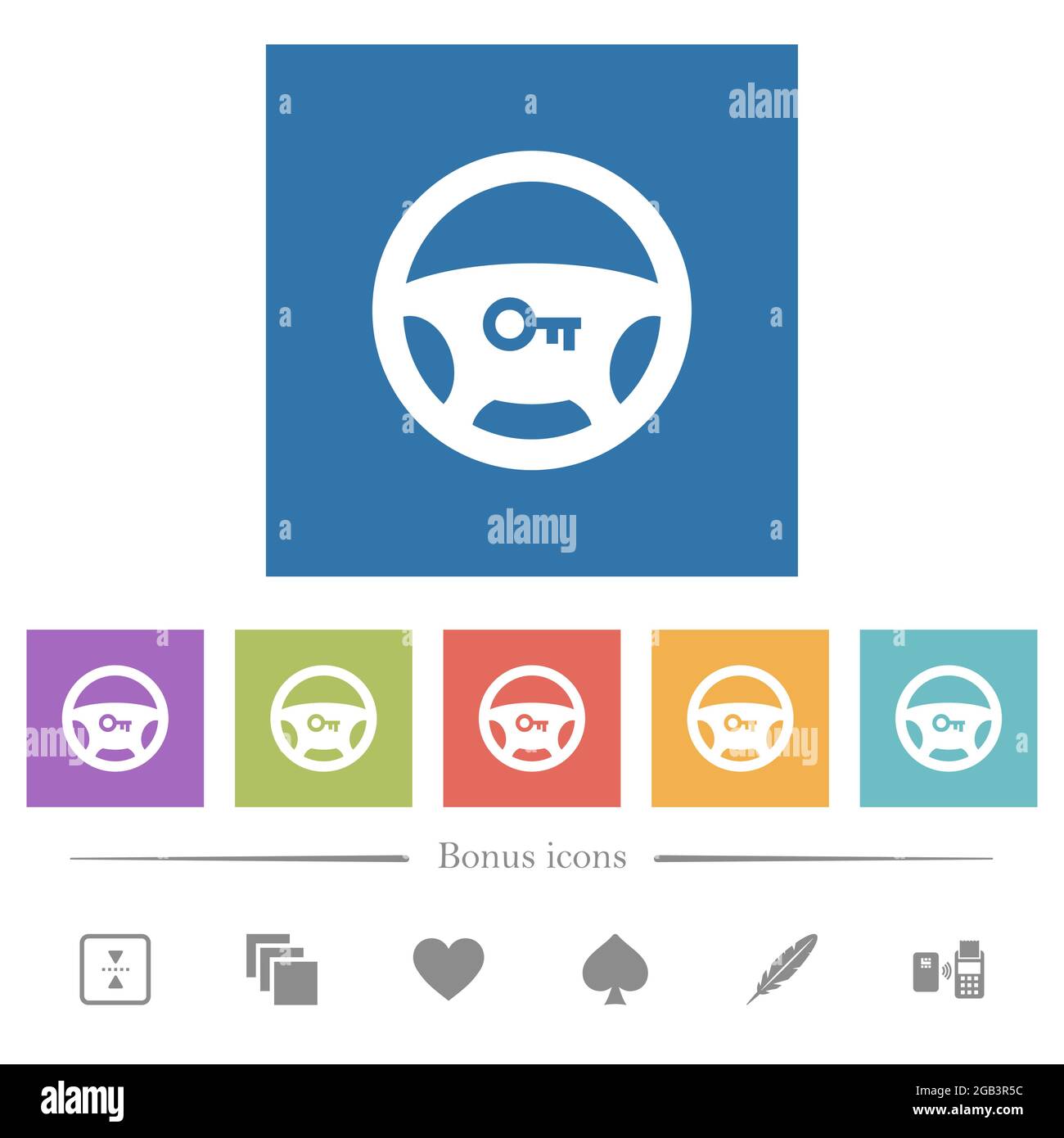 Steering lock flat white icons in square backgrounds. 6 bonus icons ...