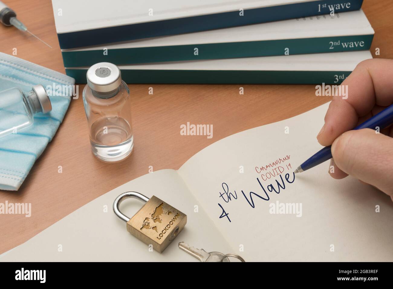 Covid-19 4th wave concept: doctor write 4th wave on a blank book page ...