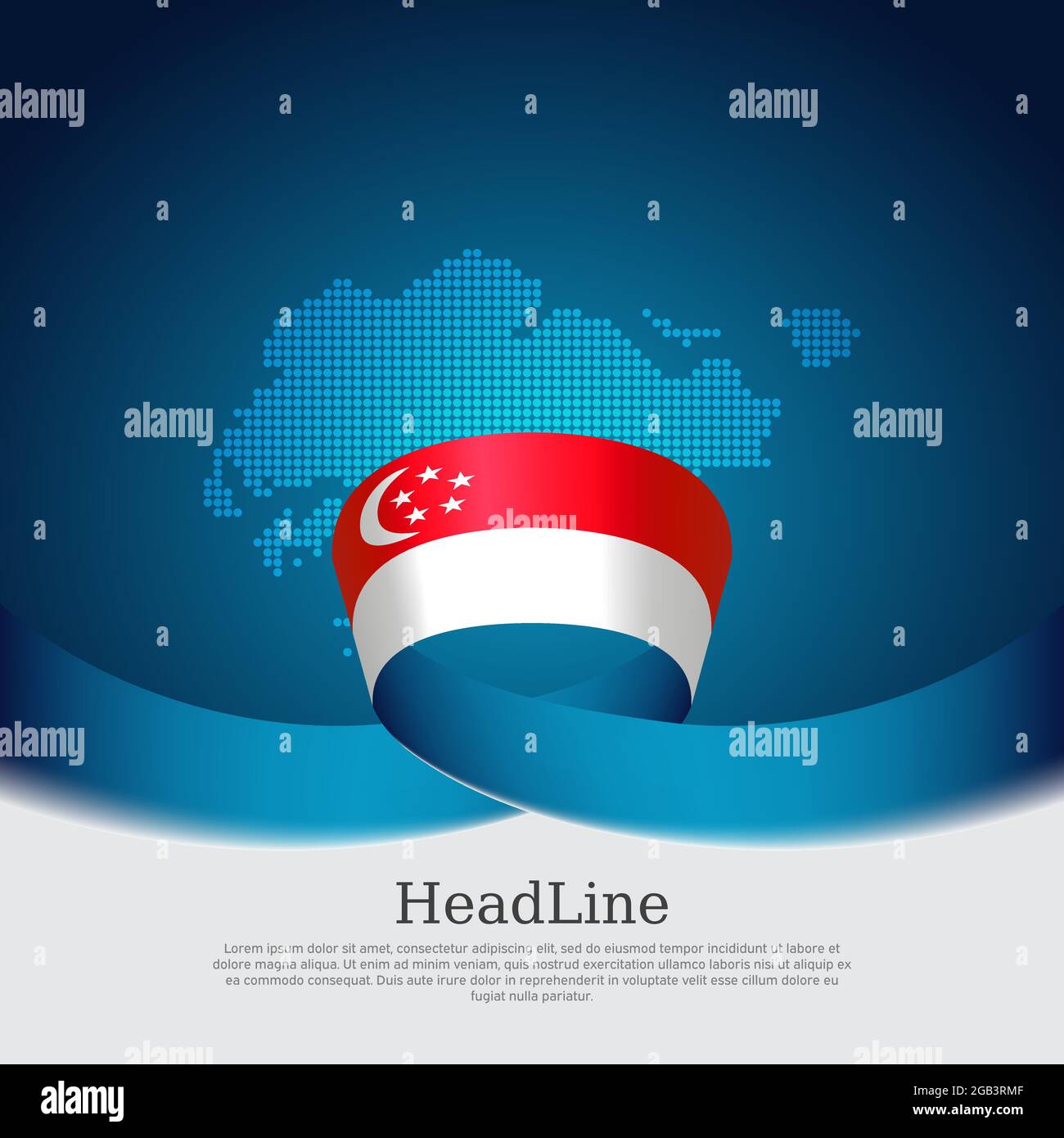 Singapore flag, mosaic map on blue white background. Wavy ribbon with ...