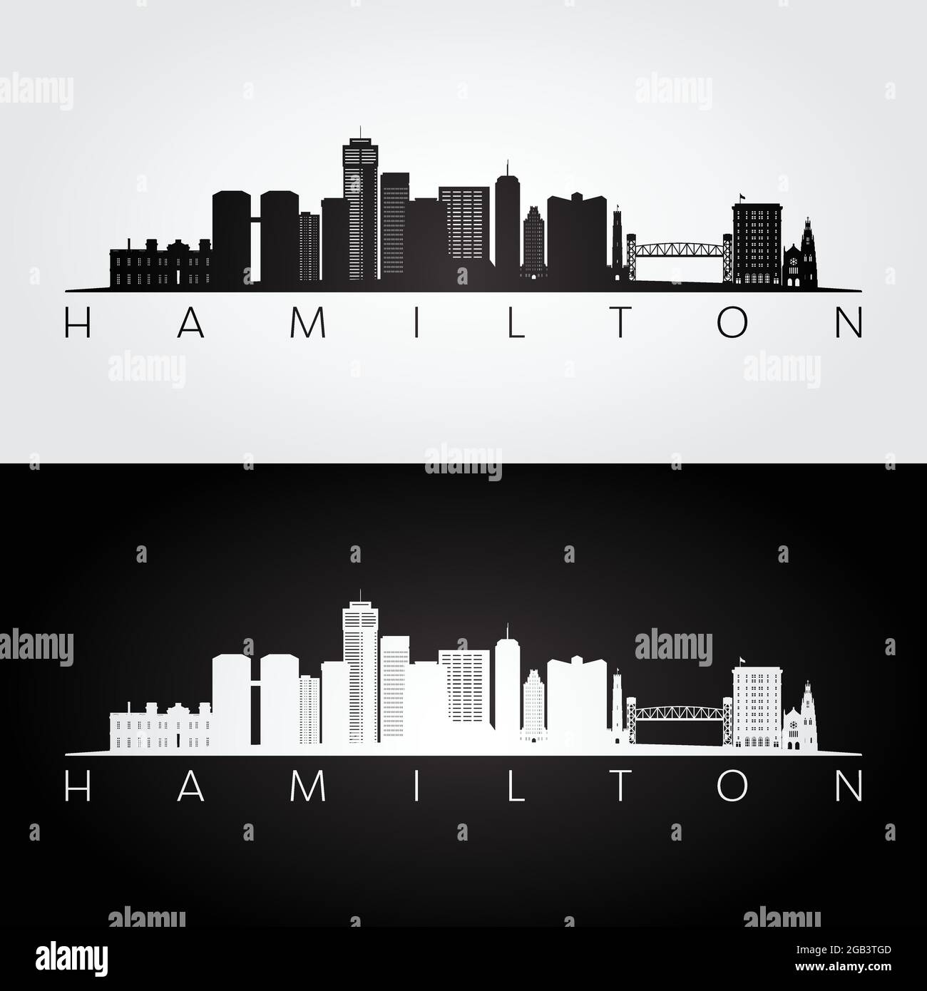 Hamilton skyline and landmarks silhouette, black and white design ...