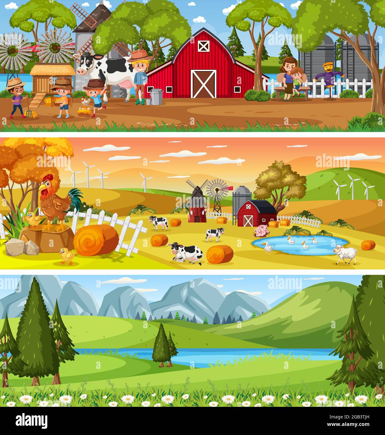Different nature landscape at daytime scene with cartoon character ...