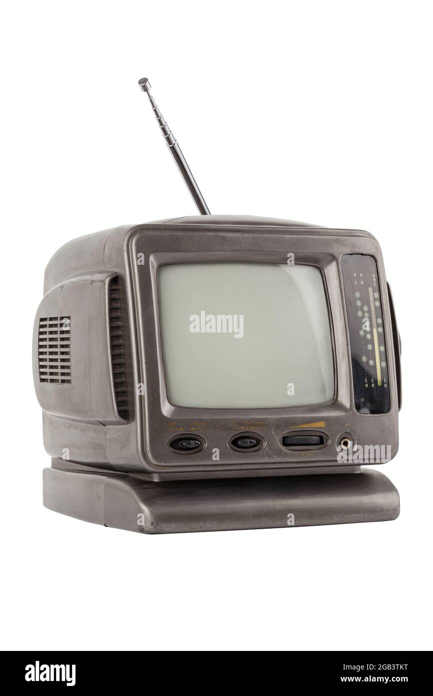 old used 5.5 inch protable analog crt tv unit isolated on white ...