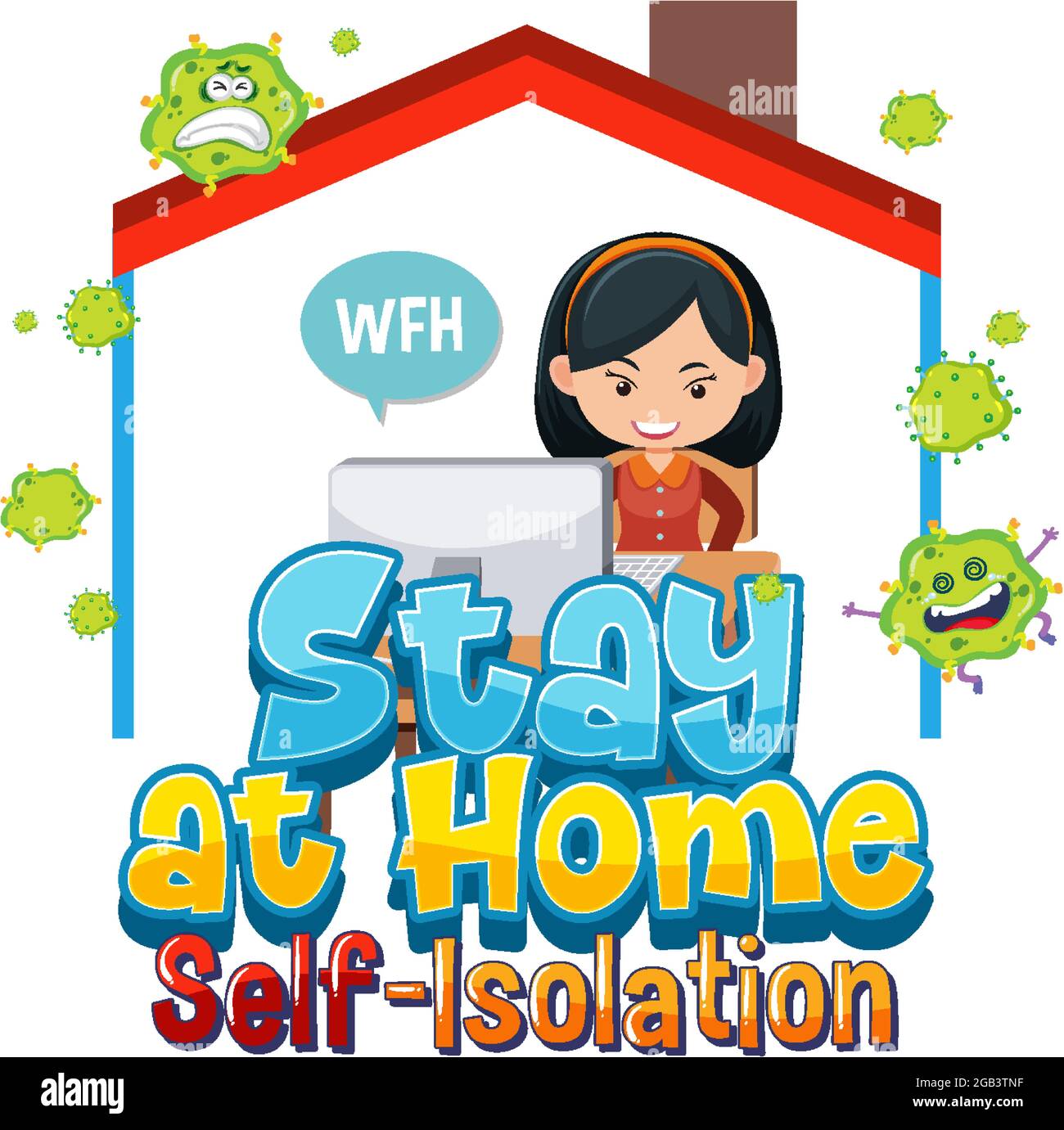 Stay at home and self-isolation banner with cartoon character work from ...