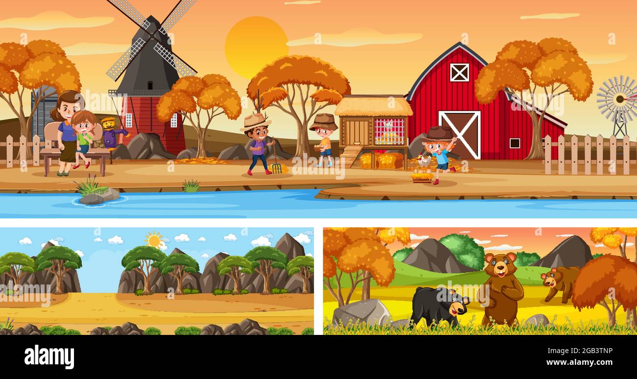 Outdoor panoramic landscape scenes set with cartoon character ...