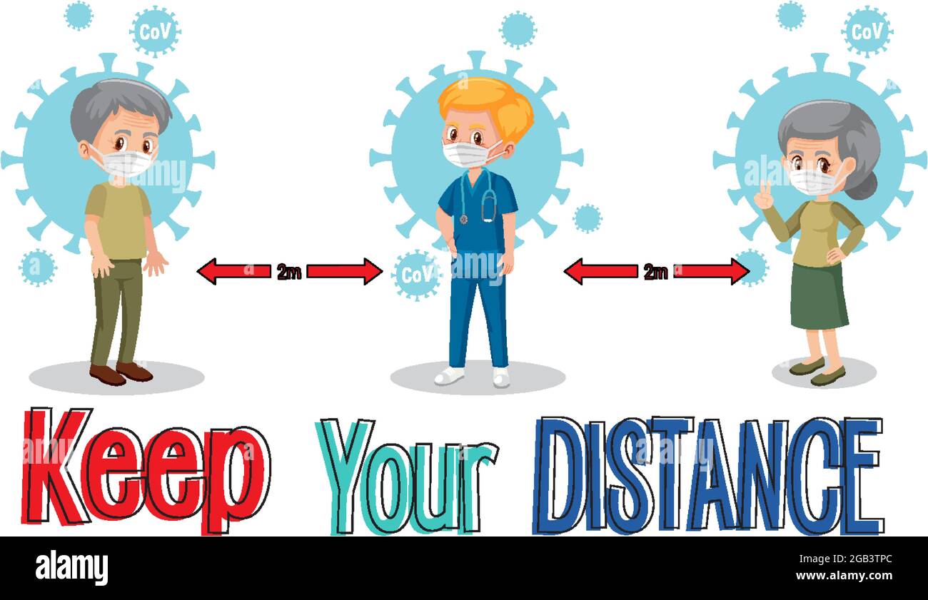 Keep your distance banner with cartoon character illustration Stock ...
