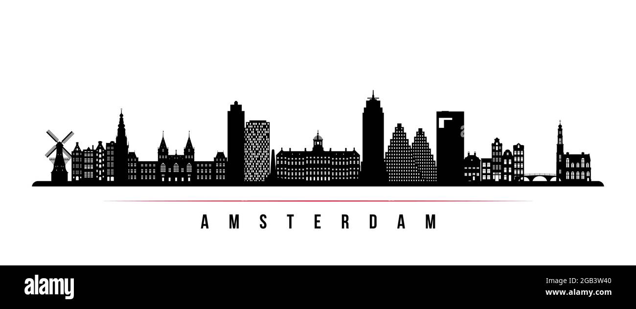 Amsterdam city skyline horizontal banner. Black and white silhouette of ...