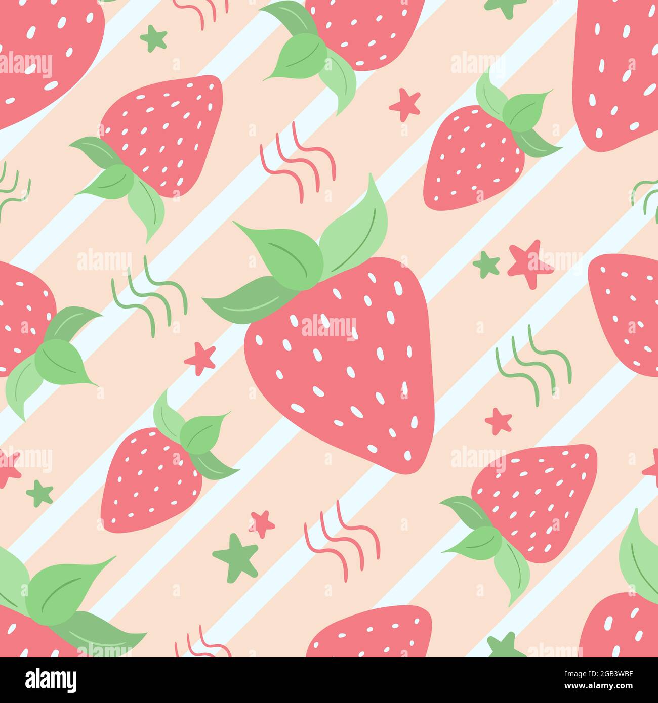 Hand drawn pink strawberry doodle seamless pattern with lettering ...