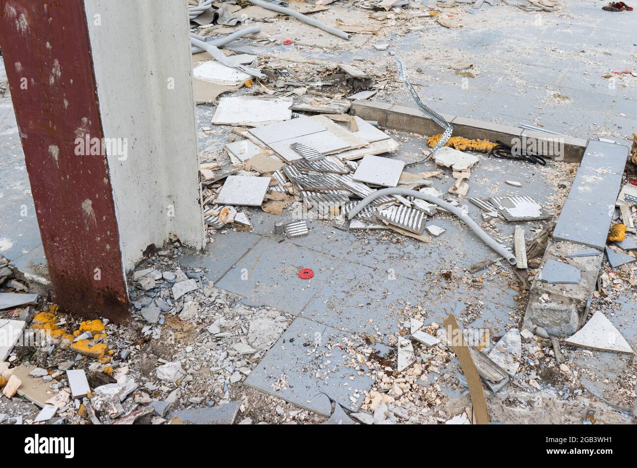 destroyed interior decoration of the office space. dilapidated building ...