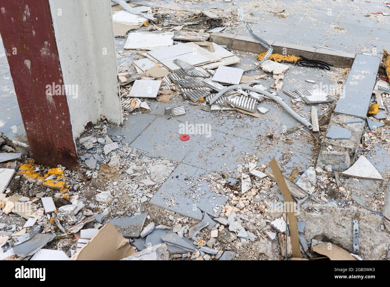 destroyed interior decoration of the office space. dilapidated building ...