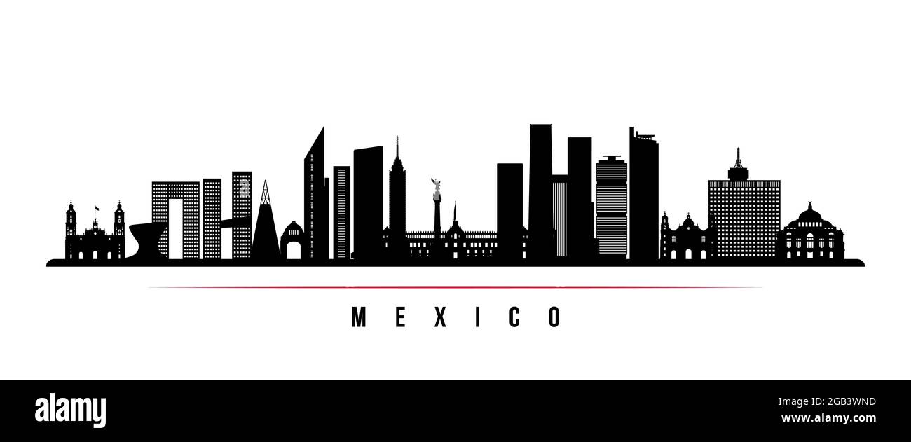 Mexico city skyline horizontal banner. Black and white silhouette of ...