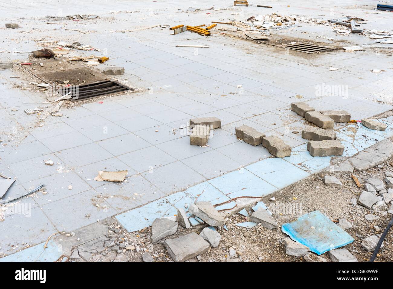 destroyed interior decoration. dilapidated building. debris on the ...