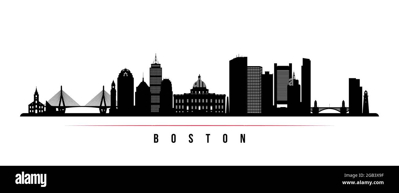 Boston city skyline horizontal banner. Black and white silhouette of ...