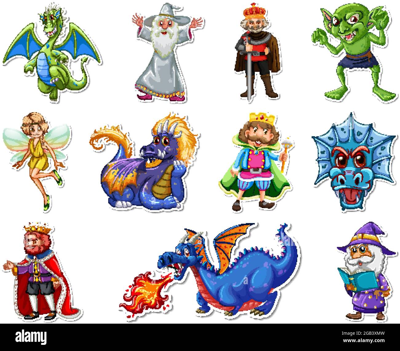 Sticker set with different fantasy cartoon characters illustration ...