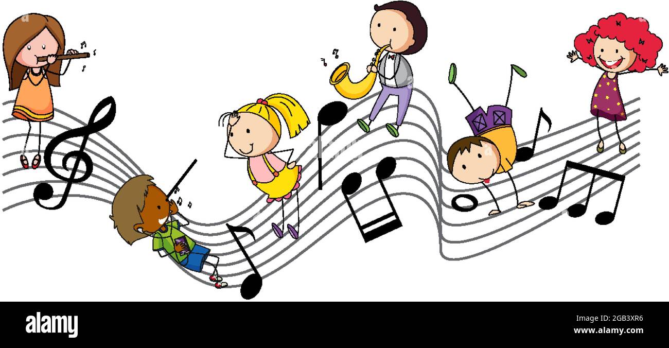 Musical melody symbols with many doodle kids cartoon character ...