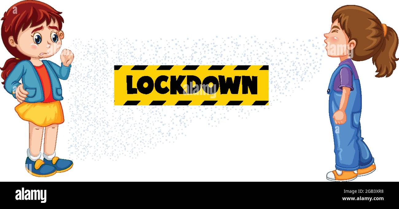 Lockdown font design with a girl looking at her friend sneezing on ...