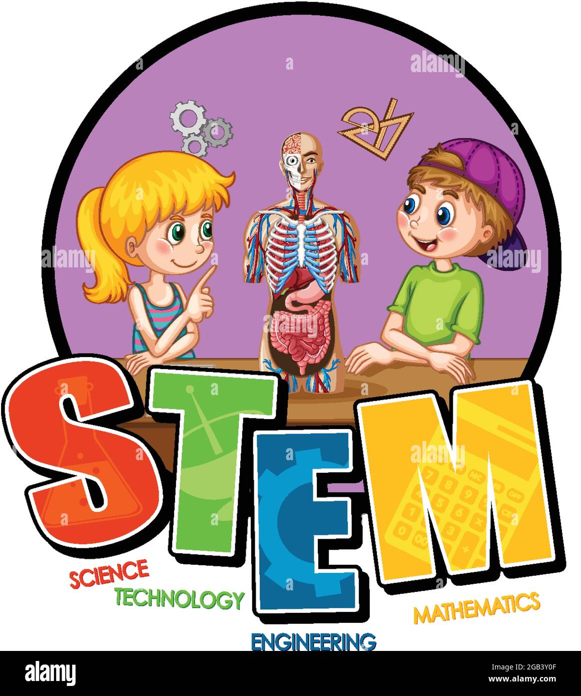 STEM education font logo with children cartoon character illustration ...