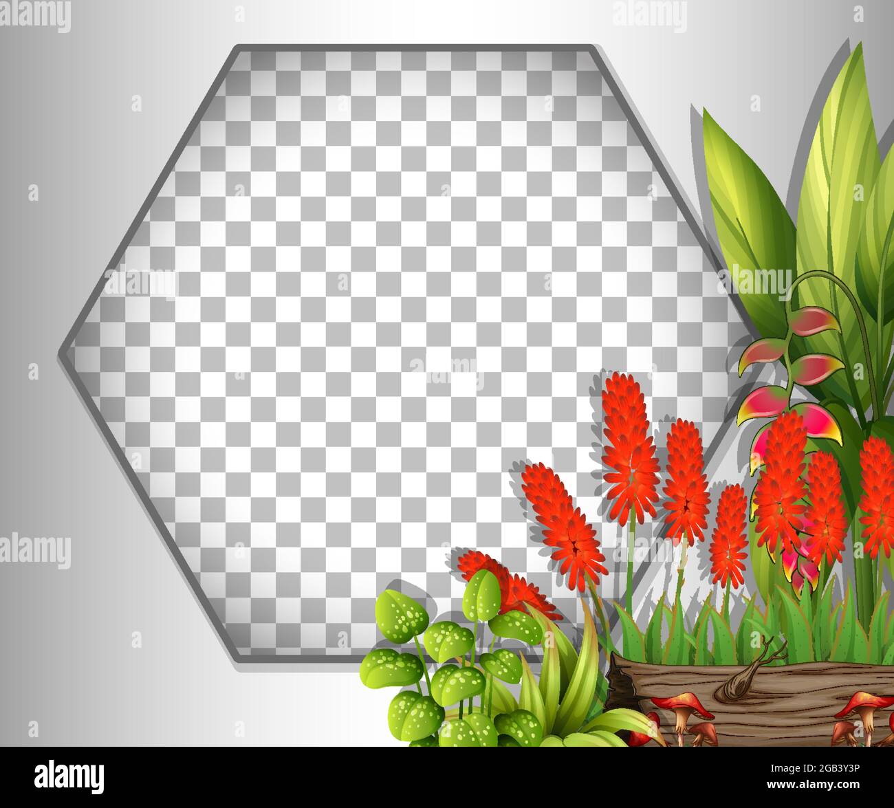Hexagon frame transparent with red flowers and leaves template ...