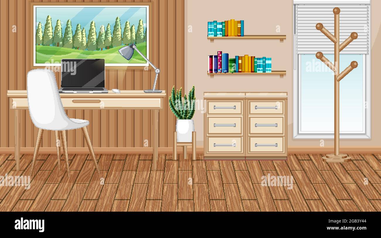 Workroom scene with a laptop on the table illustration Stock Vector ...