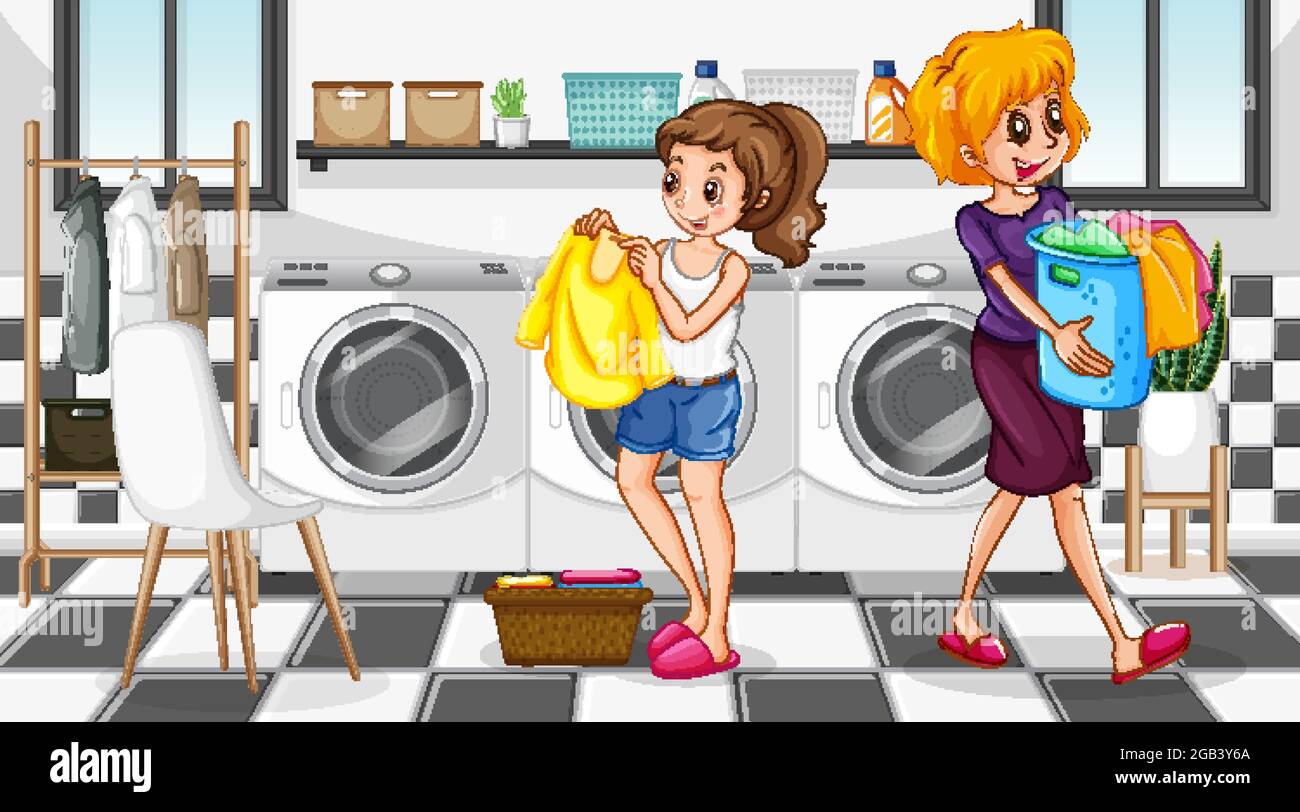 Laundry room scene with two women cartoon character illustration Stock ...