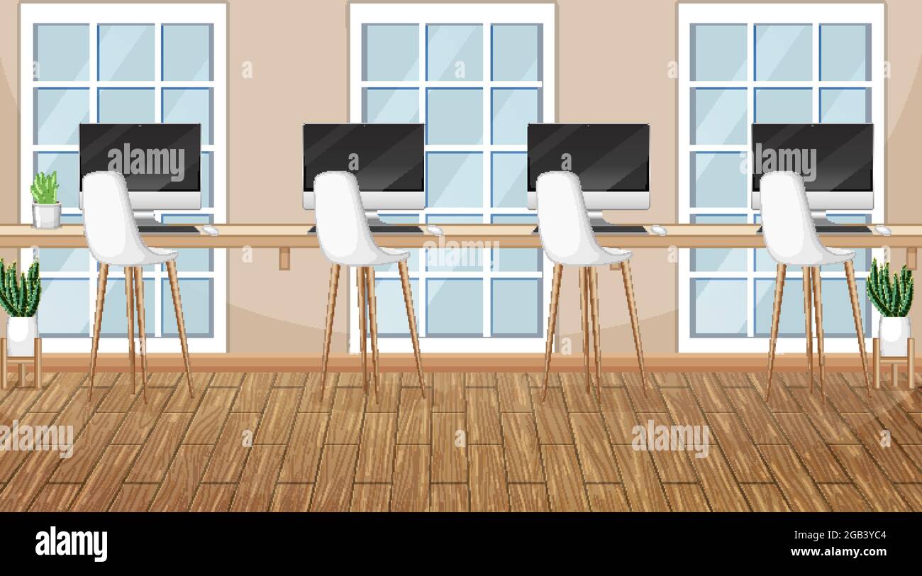 Office scene with many computers on the table illustration Stock Vector ...