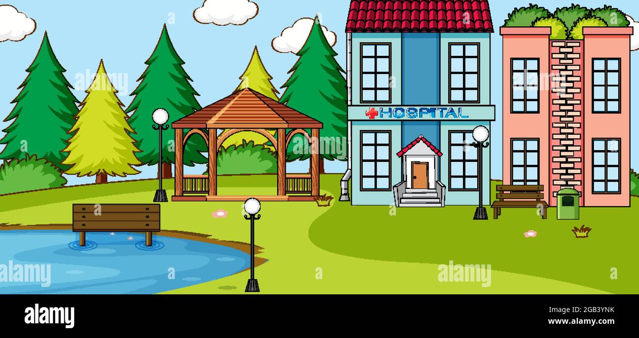 Park outdoor scene with hospital building illustration Stock Vector ...