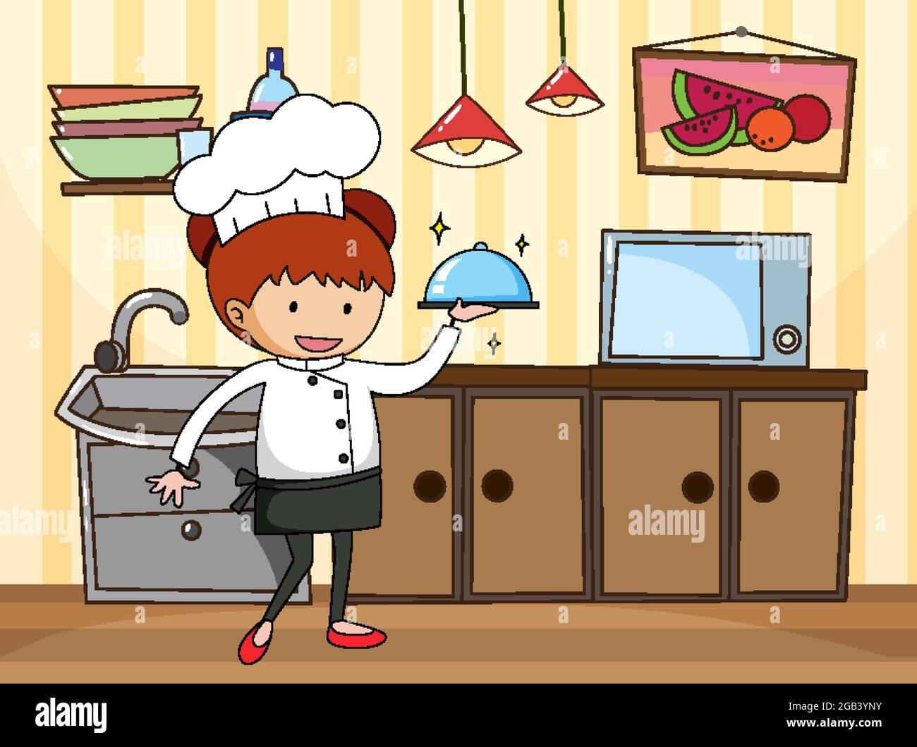 Little chef in the kitchen scene with equipments illustration Stock ...