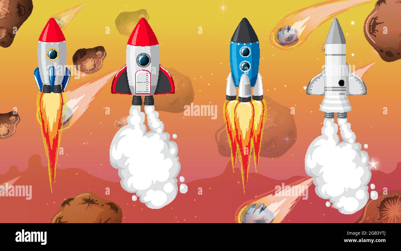Set of different rocket and spaceship in space background illustration ...
