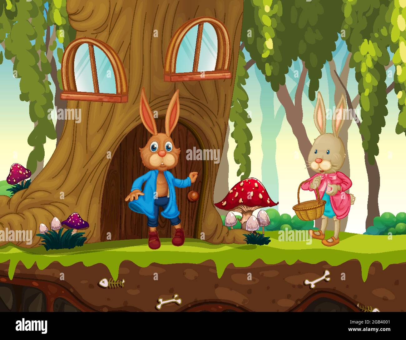Garden scene with many rabbits cartoon character illustration Stock ...