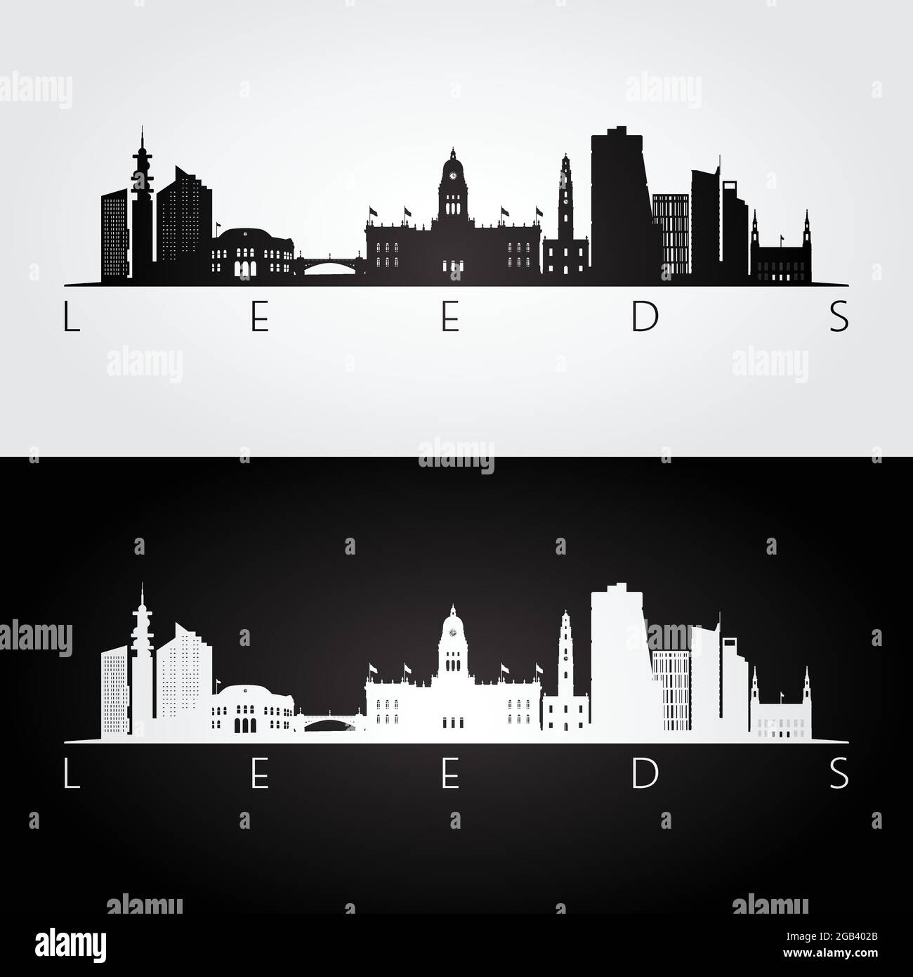 Leeds skyline and landmarks silhouette, black and white design, vector ...