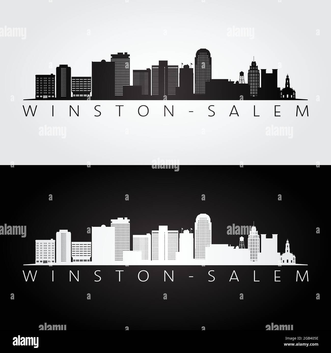 Winston–Salem, USA skyline and landmarks silhouette, black and white ...