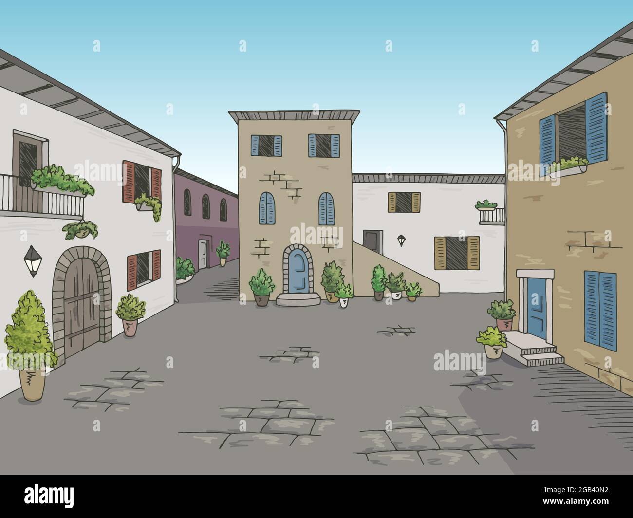Old town square street graphic color town landscape sketch illustration ...