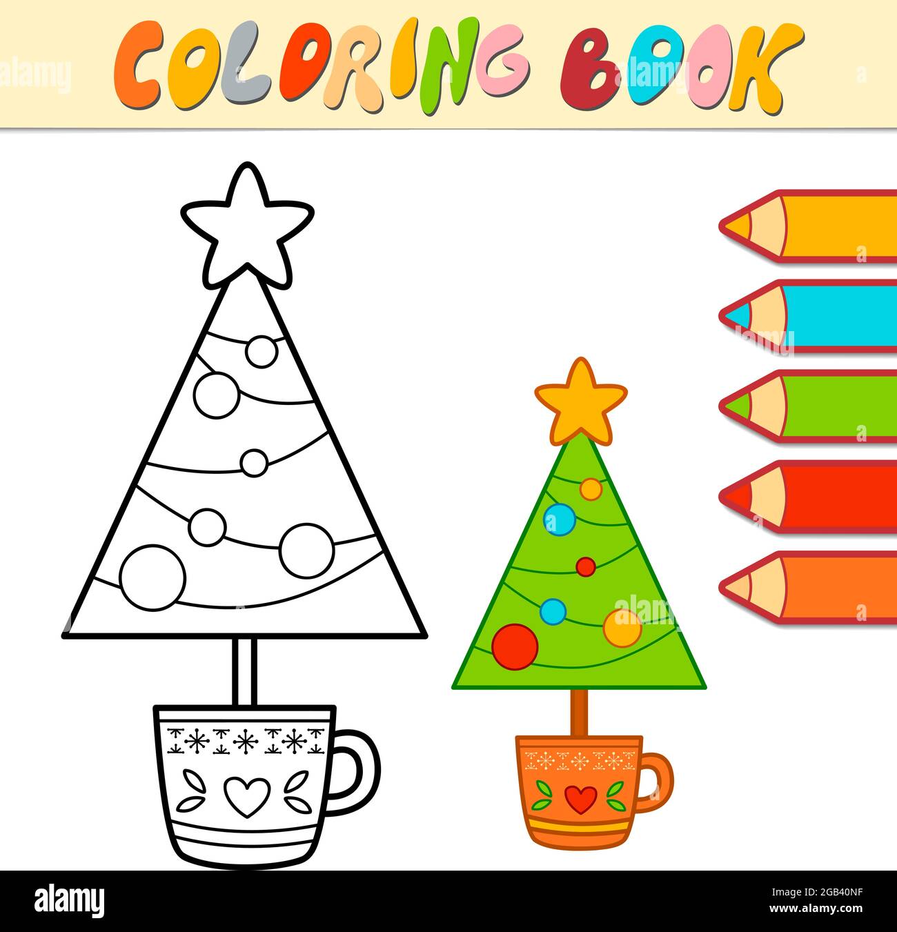 Coloring book or Coloring page for kids. Christmas tree black and white ...