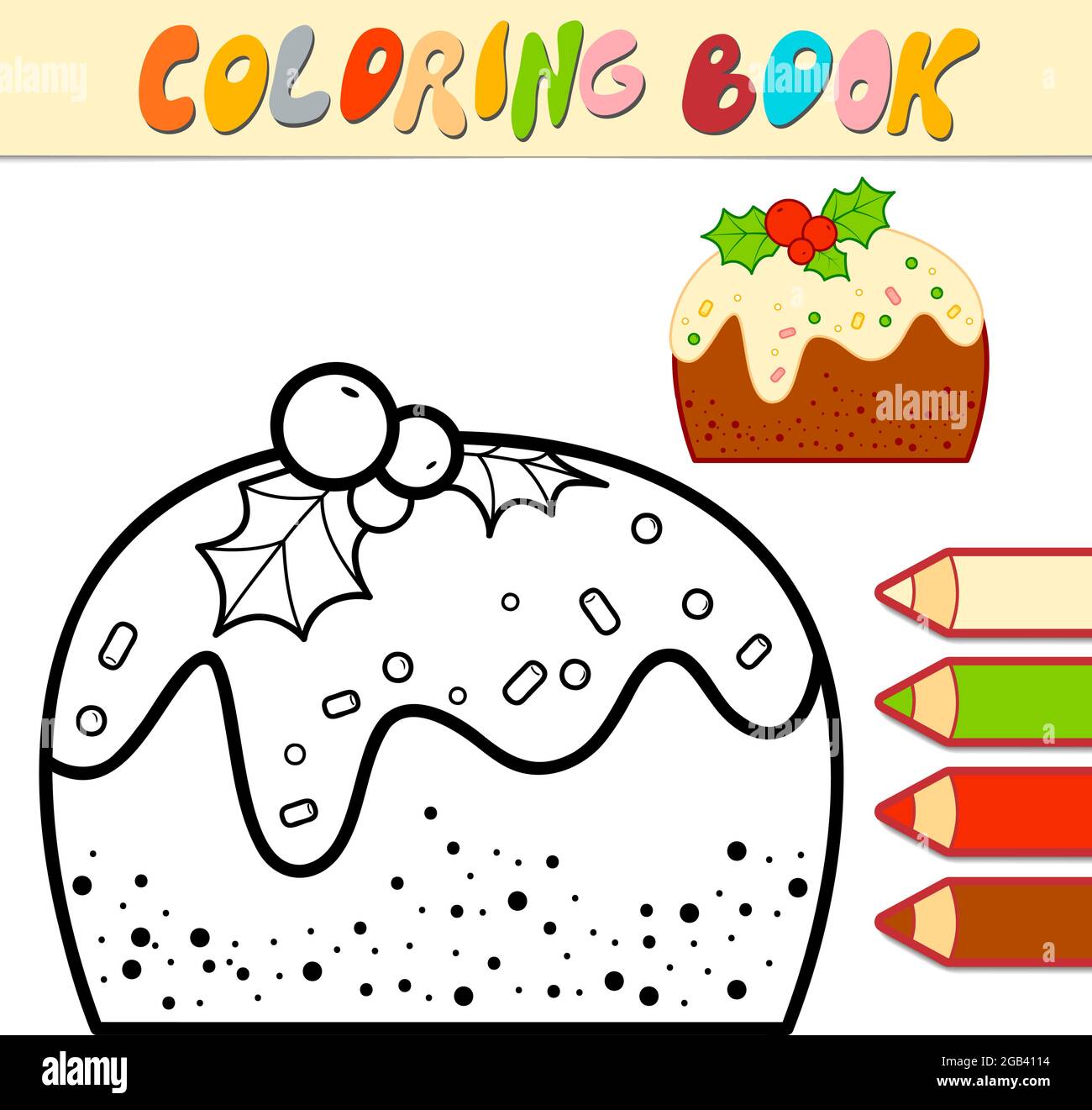 Coloring book or Coloring page for kids. Christmas Cake black and white ...