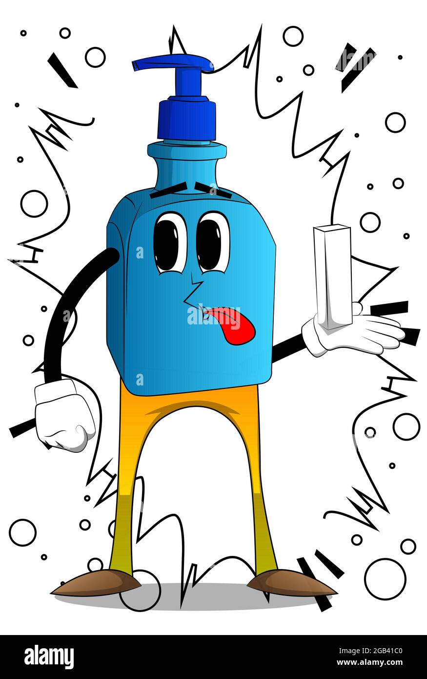 Cartoon bottle of hand sanitizer gel for hygiene with face holding ...