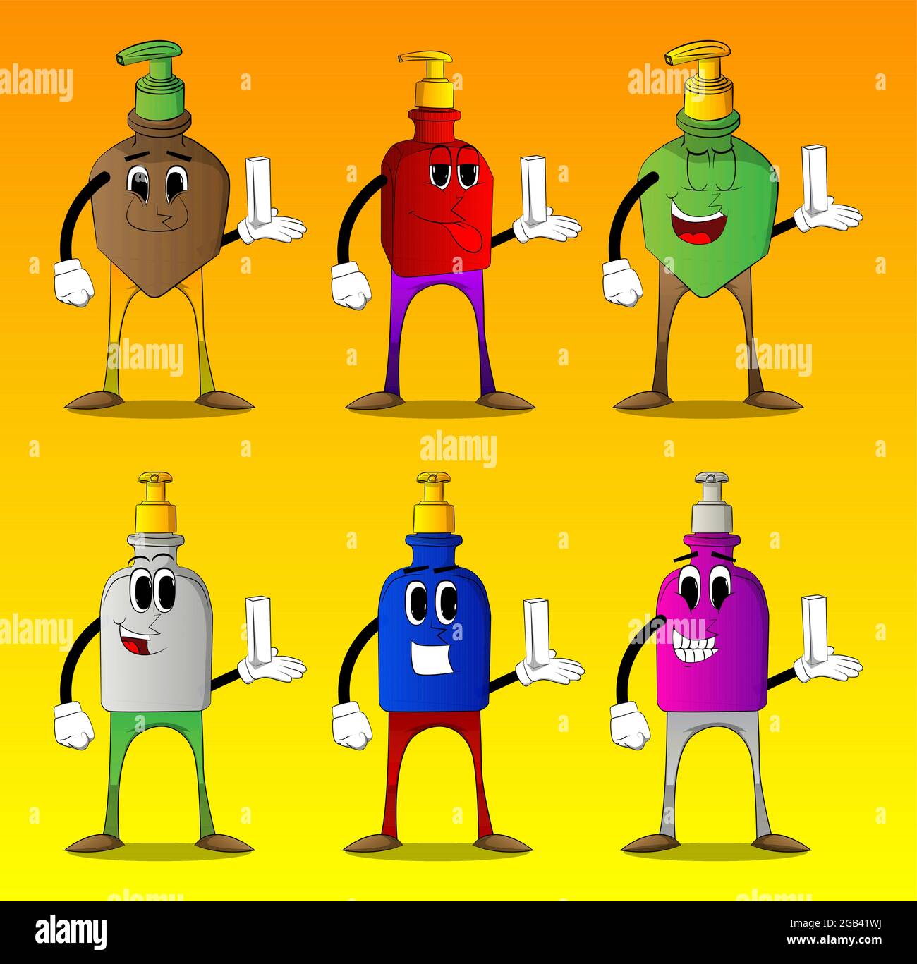 Cartoon bottle of hand sanitizer gel for hygiene with face holding ...