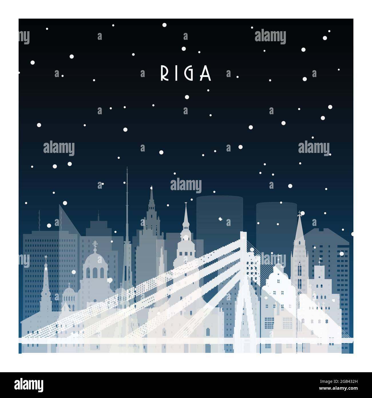 Winter night in Riga. Night city in flat style for banner, poster ...