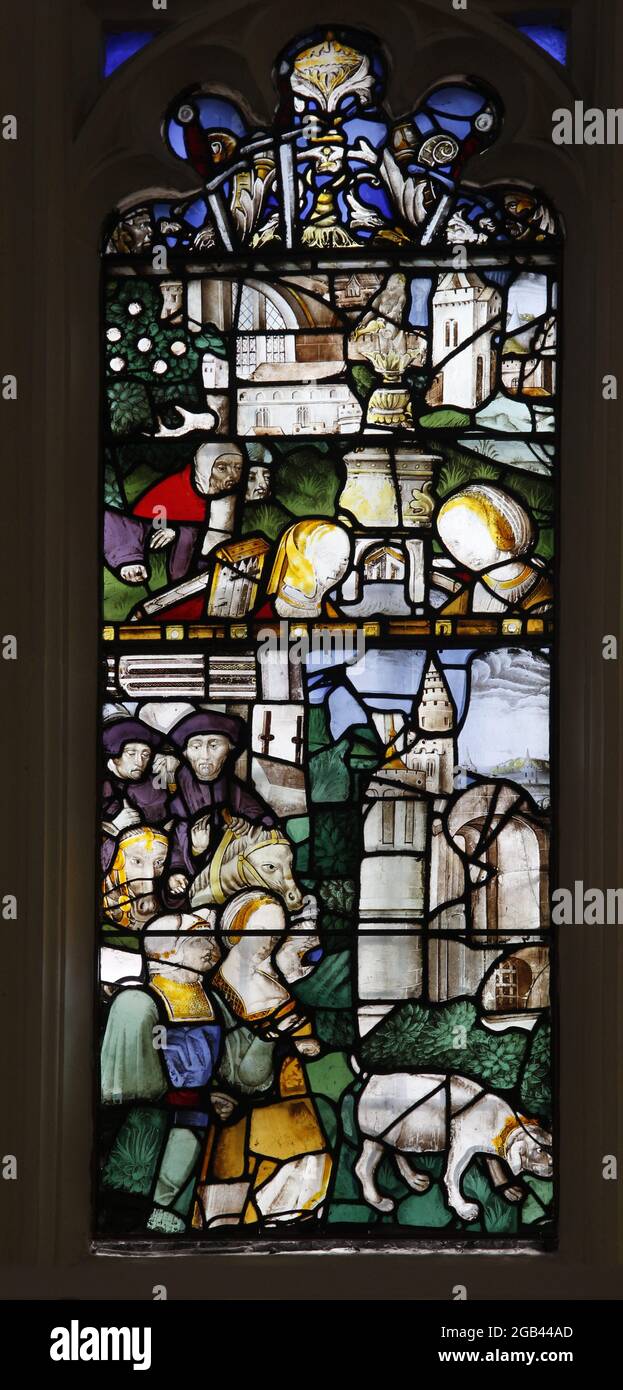 A medieval stained glass window depicting the story of Suzanna and the ...