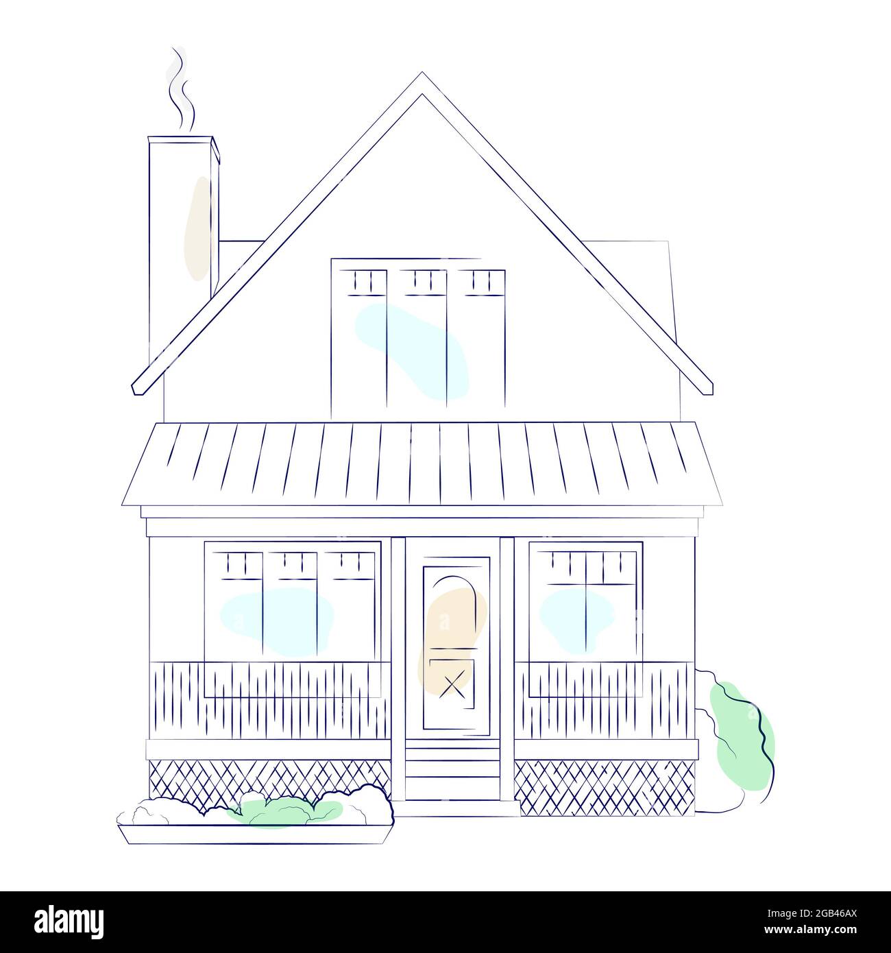 Blue color outline architectural sketch of a detached family house with ...