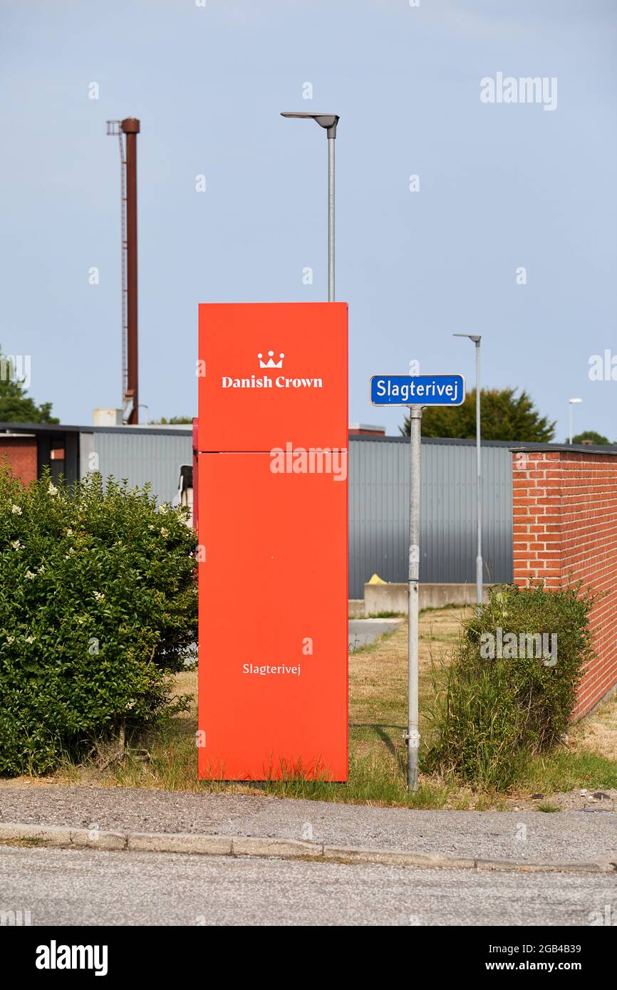 Danish Crown, Slagterivej ('slaughterhouse road'), sign; Saeby, Denmark ...