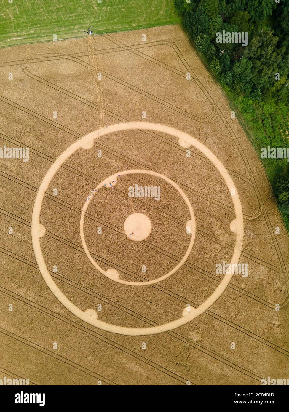 14 September 2017, Bavaria, Gauting: People walk through a crop circle ...
