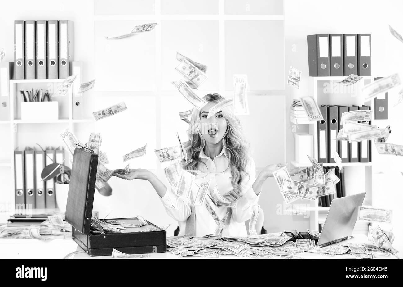 Unexpected Profit. Award. Cash flow. Passive income. Woman enjoy money ...