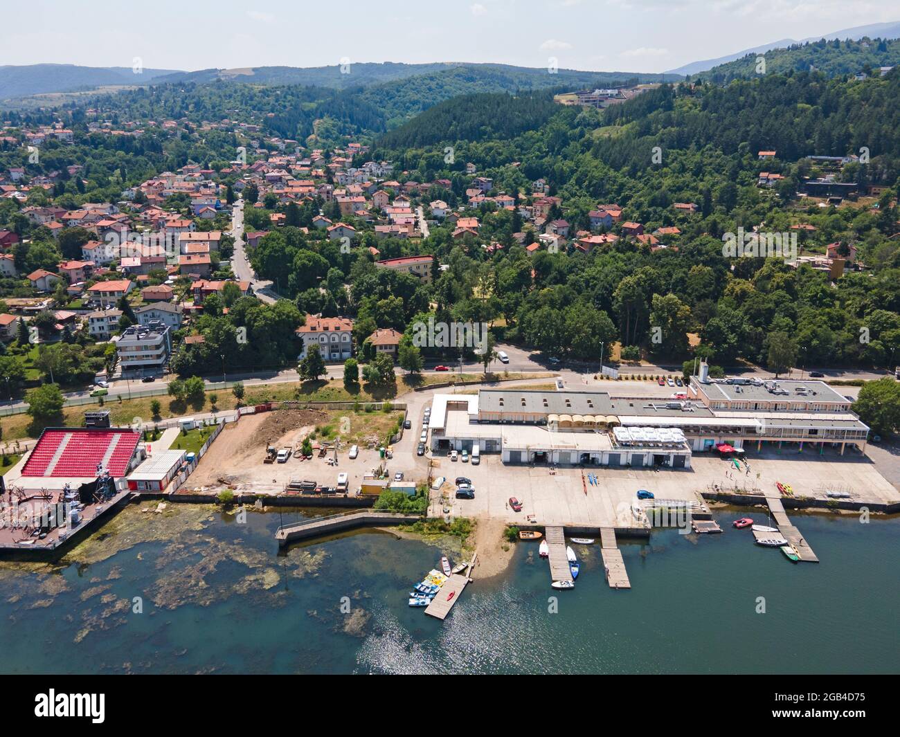 Aerial summer view of Pancharevo lake, Sofia city Region, Bulgaria ...