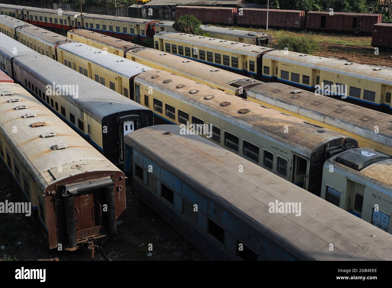 19.01.2014, Yangon, Myanmar, Asia - Train carriages are parked on the ...